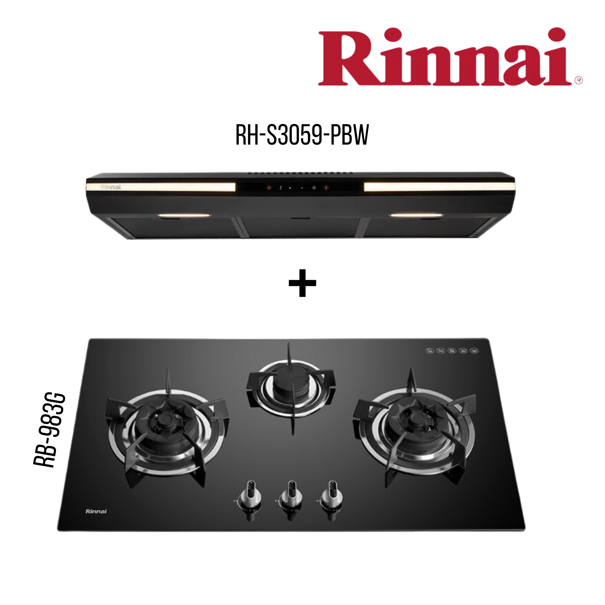 RINNAI RH-S3059-PBW SLIMLINE HOOD + RB-983G 3 BURNER FLEXI HOB BUILT-IN GAS HOB BUNDLE DEAL ...